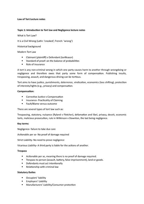 Law Of Tort Lectures Lecture Notes Law Of Tort Lecture Notes