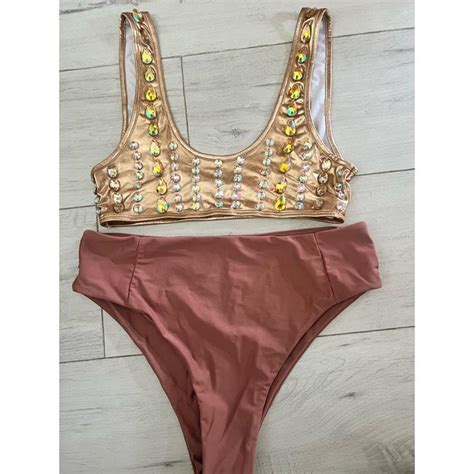 Diamanté high waisted bikini set Rose gold diamond Depop
