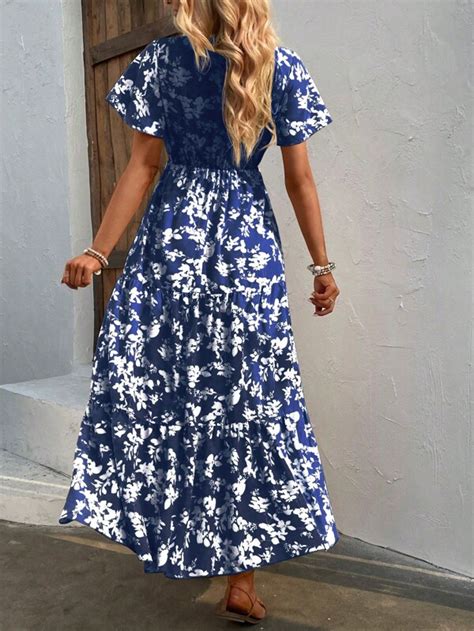 SHEIN VCAY Vestido Con Estampado Floral De Manga Mariposa Bajo Con