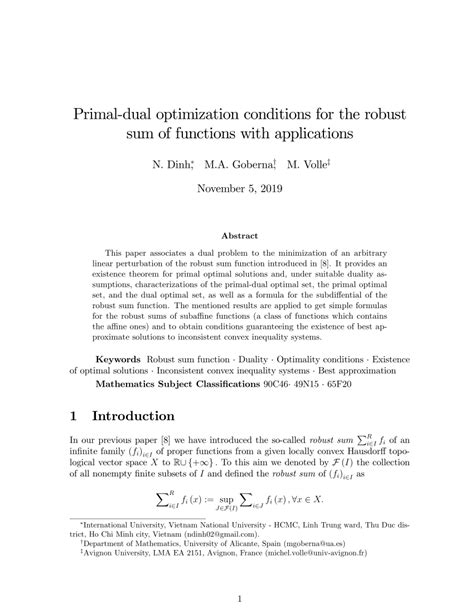 pdf primal dual optimization conditions for the robust sum of functions with applications