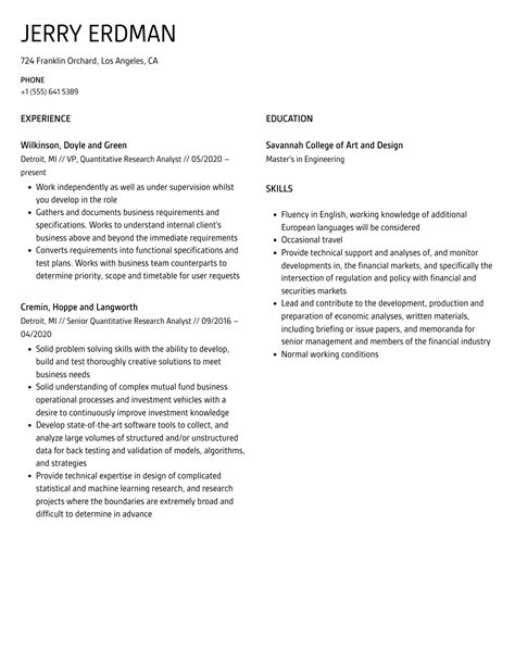 Quantitative Research Analyst Resume Samples Velvet Jobs