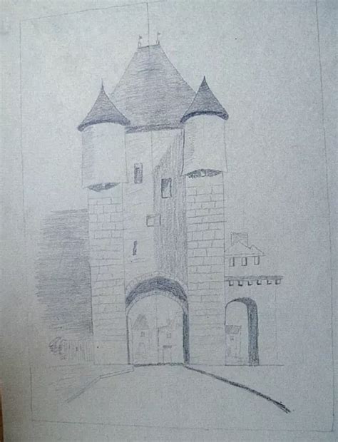 DESSIN ANCIEN XIXÈME crayon étude château porche entrée ancienne