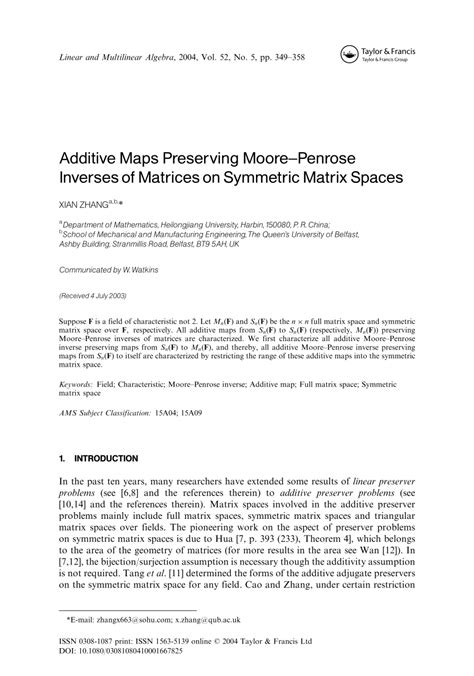 pdf additive maps preserving moore penrose inverses of matrices on symmetric matrix spaces