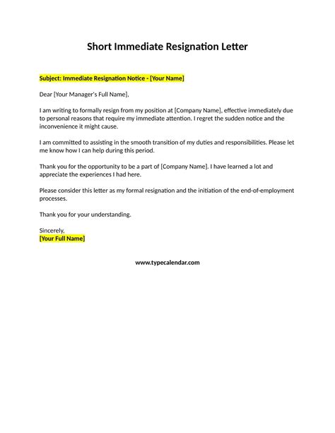 Free Printable Immediate Resignation Letter Templates PDF Word