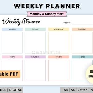 Printable Pastel Weekly Planner Cute Kawaii Pink Space Aesthetic Week