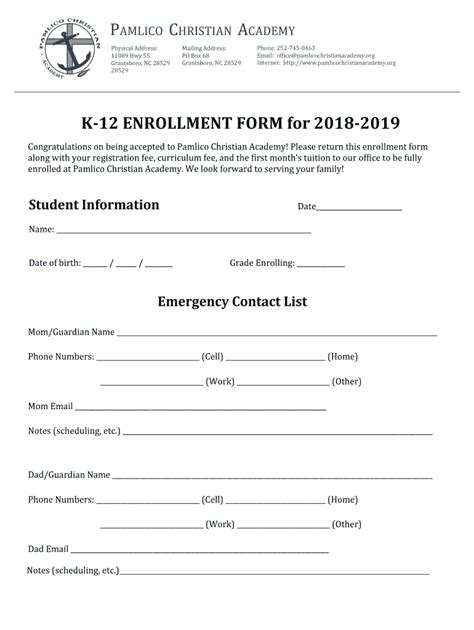 Fillable Online PCA K 12 Enrollment Form 2018 2019 Fax Email Print