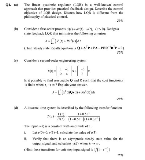 q4 a the linear quadratic regulator lqr is a