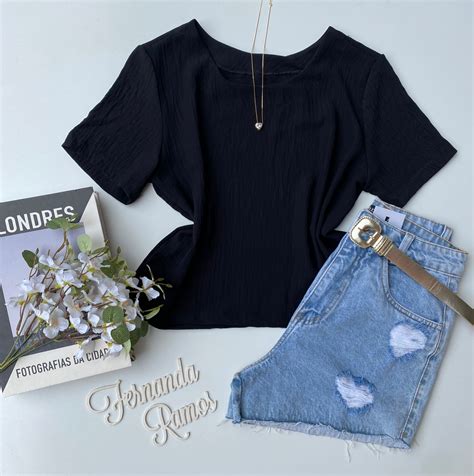 Blusa Feminina Manga Curta Preta Fernanda Ramos Store