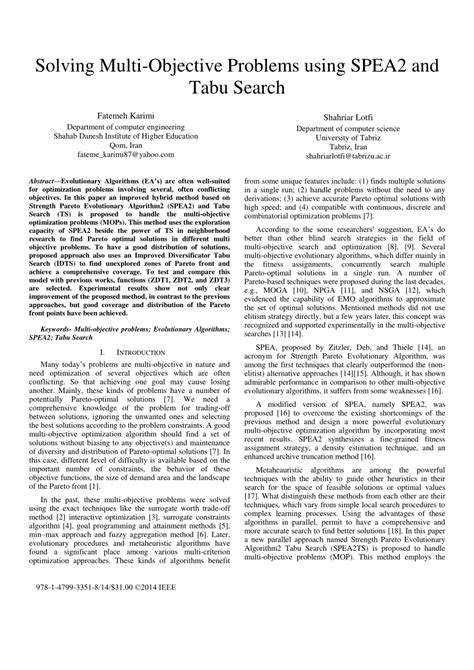 pdf solving multi objective problems using spea2 and tabu search