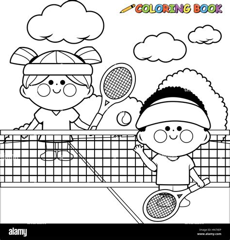 Ilustración vectorial de un niño y una niña jugando al tenis en la