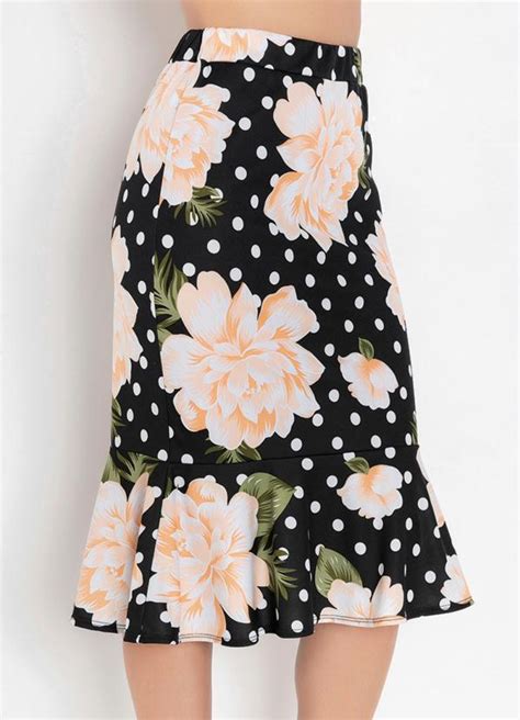 Saia Babado Floral Preta Moda Evangélica Queima de Estoque