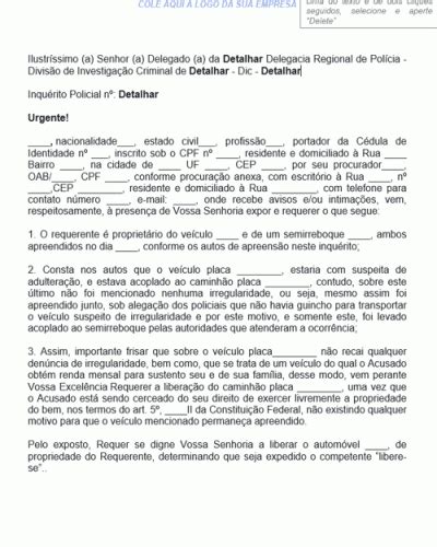 Referência de Petição Direcionada ao Delegado para Liberação de Veículo