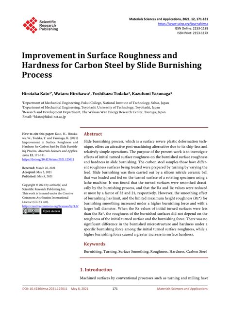 pdf improvement in surface roughness and hardness for carbon steel by slide burnishing process