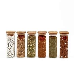 Kit De Pote Hermético De Vidro Quadrado Tampa De Bambu 6 Peças