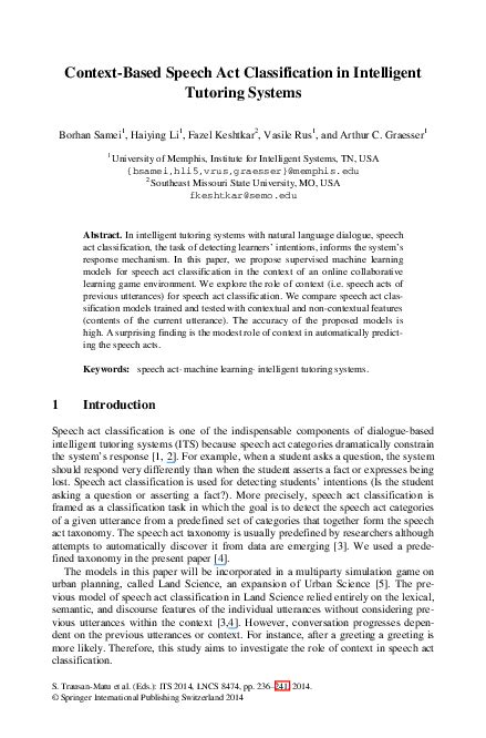 pdf context based speech act classification in intelligent tutoring systems fazel keshtkar