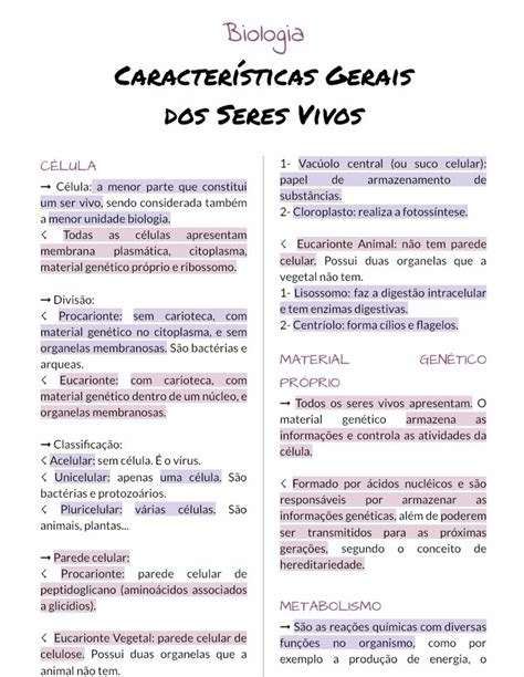 Resumo Biologia Características gerais dos seres vivos Métodos de