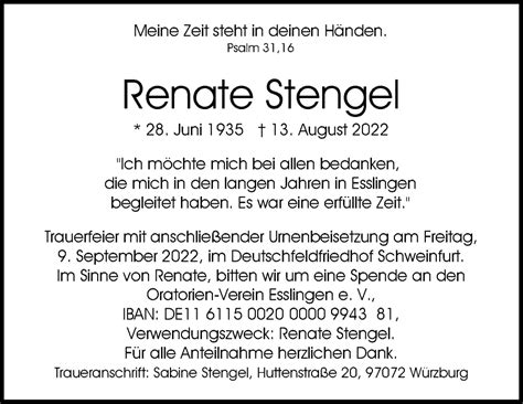 Traueranzeigen Von Renate Stengel Zeit Des Gedenkens De