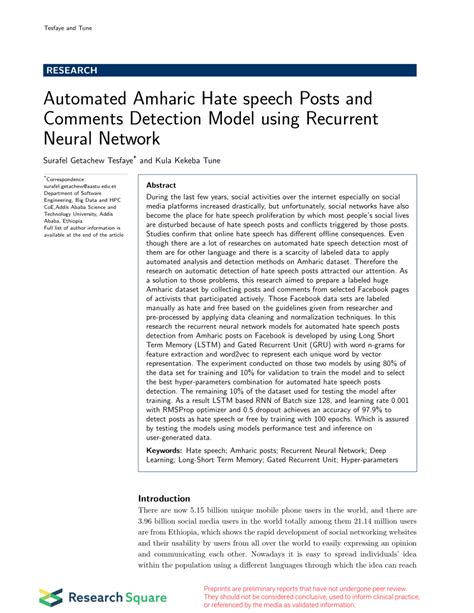 pdf automated amharic hate speech posts and comments detection model using recurrent neural