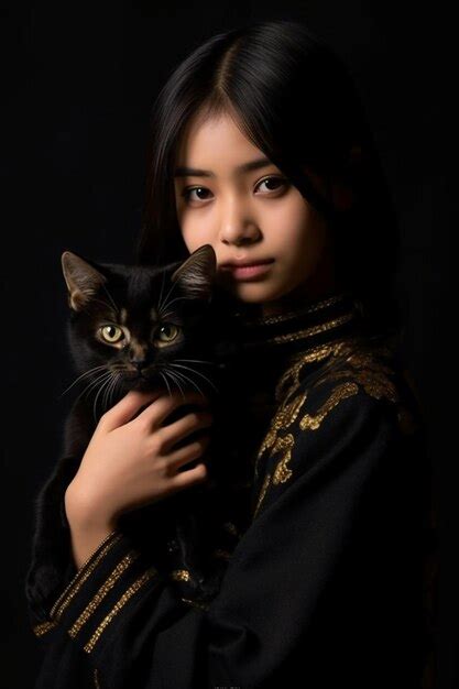 Premium AI Image A Girl Holding A Black Cat In Her Arms