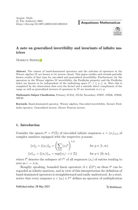 pdf a note on generalized invertibility and invariants of infinite matrices