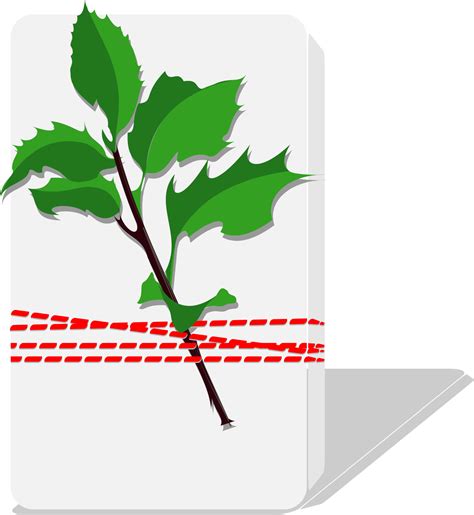 Gift Box Covered With White Paper Green Leaves Wrapped Red Ribbon
