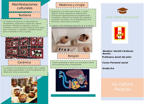 Triptico Cultura Paracas S Manifestaciones culturales Textilería Los