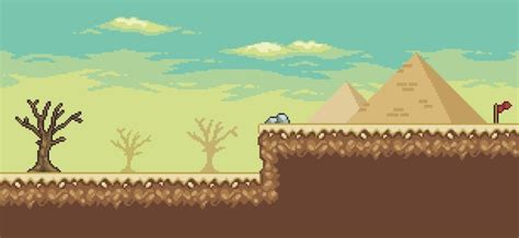Escena Del Juego Del Desierto De Pixel Art Con Fondo De Bits De Rbol