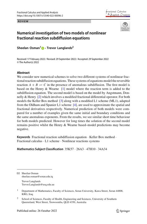 pdf numerical investigation of two models of nonlinear fractional reaction subdiffusion equations