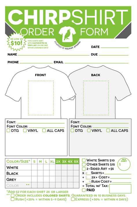 Screen Printing Order Form Template Printable Word Searches