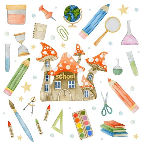 Conjunto de ilustración acuarela de útiles escolares aislado sobre