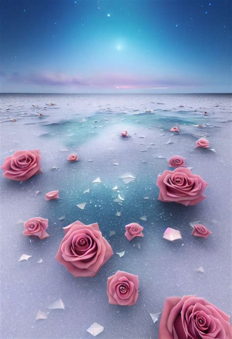 Romantic Blue Ocean Sparkling Snow Beach Rose Midjourney