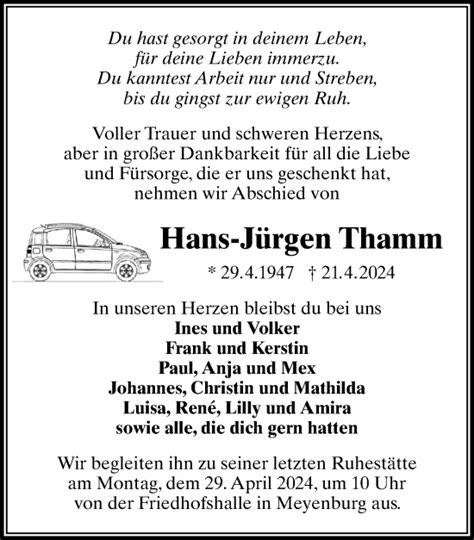 Traueranzeigen von Hans Jürgen Thamm trauer anzeigen de
