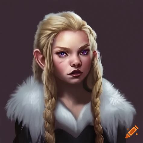 Portrait Of A Warrior Female Dwarf With White Fur Cloak And Braided Ash Blonde Hair On Craiyon