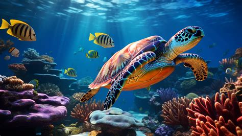 Turtle Underwater Coral Nature K I Wallpaper Pc Desktop