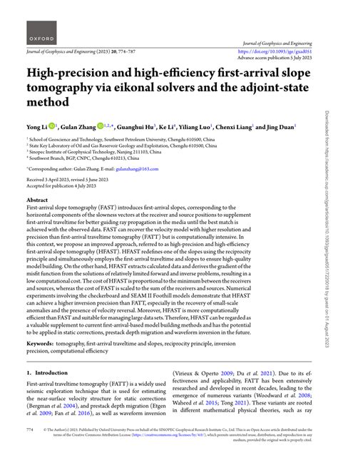 pdf high precision and high efficiency first arrival slope tomography via eikonal solvers and
