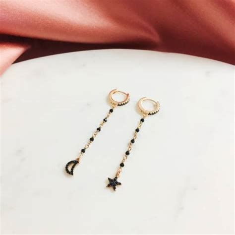 Orecchini Pendenti Argento 925 Oro Rosa Fili Rosario Nero Con Cuori
