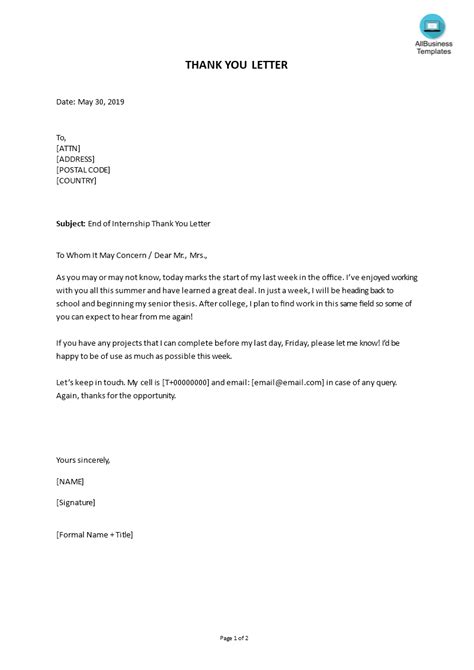 Sample End Of Internship Thank You Letter Templates At