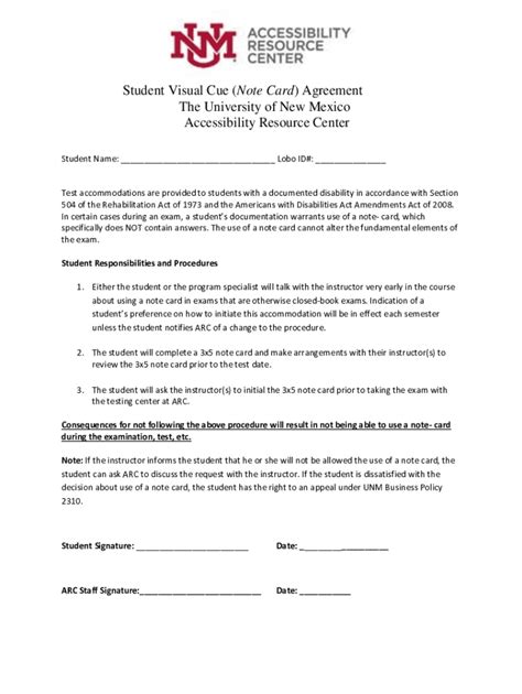 Fillable Online Arc Unm Agreement Forms Accessibility Resource Center