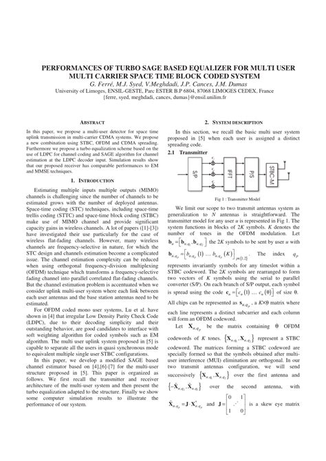 pdf performances of turbo sage based equalizer for multiuser multicarrier space time block