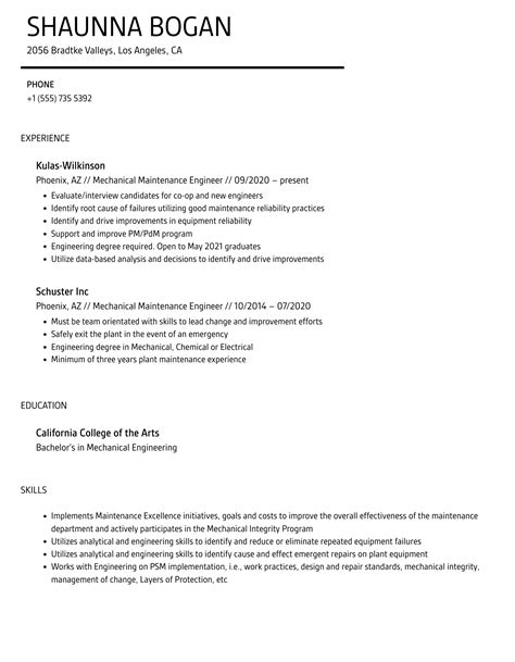 Mechanical Maintenance Engineer Resume Samples Velvet Jobs