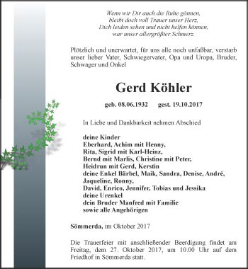 Traueranzeigen von Gerd Köhler trauer in thueringen de
