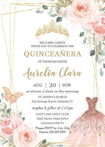 Quinceañera Blush Pink Rose Floral Butterfly Tiara Invitation Zazzle