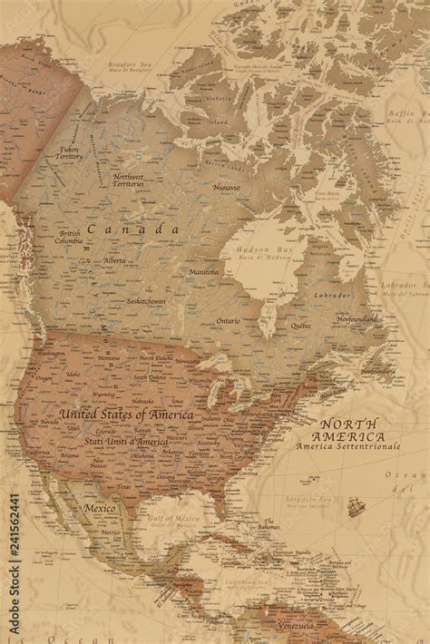 Ancient Geographic Map Of North America With Names Of The Countries