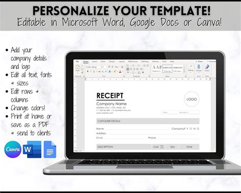 Receipt Template EDITABLE Receipt Form Small Business Etsy