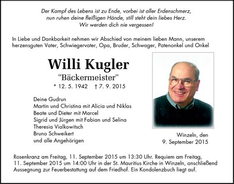 Traueranzeigen von Willi Kugler Schwarzwälder Bote Trauer