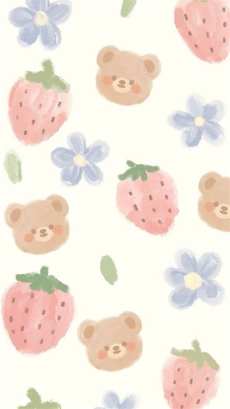 Coquette Aesthetic Wallpaper Watercolor Strawberries And Bear Cocoppa