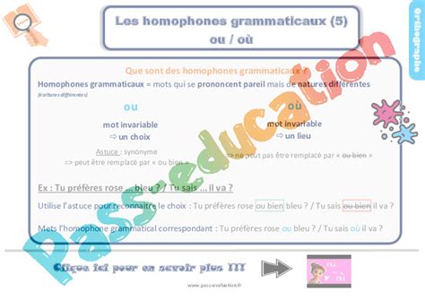 Bilan sur les homophones grammaticaux ou où au Ce2 Evaluation avec