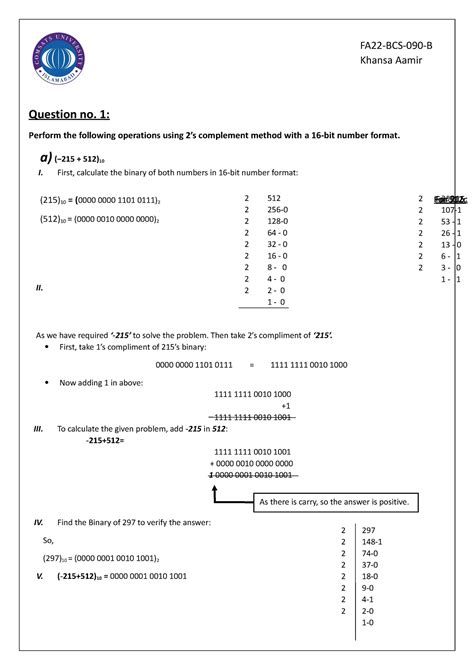 assignment question no 1 perform the following operations using 2 s complement method with a