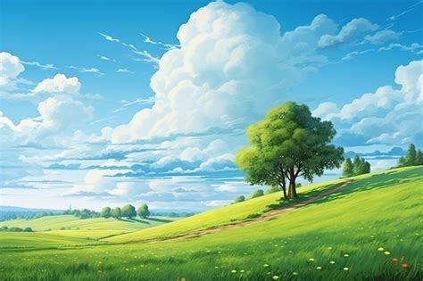 Una escena tranquila de árboles y cielo azul con hierba una obra