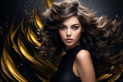 Premium Photo Woman With Long Hair And Black Dress With Gold Swirls